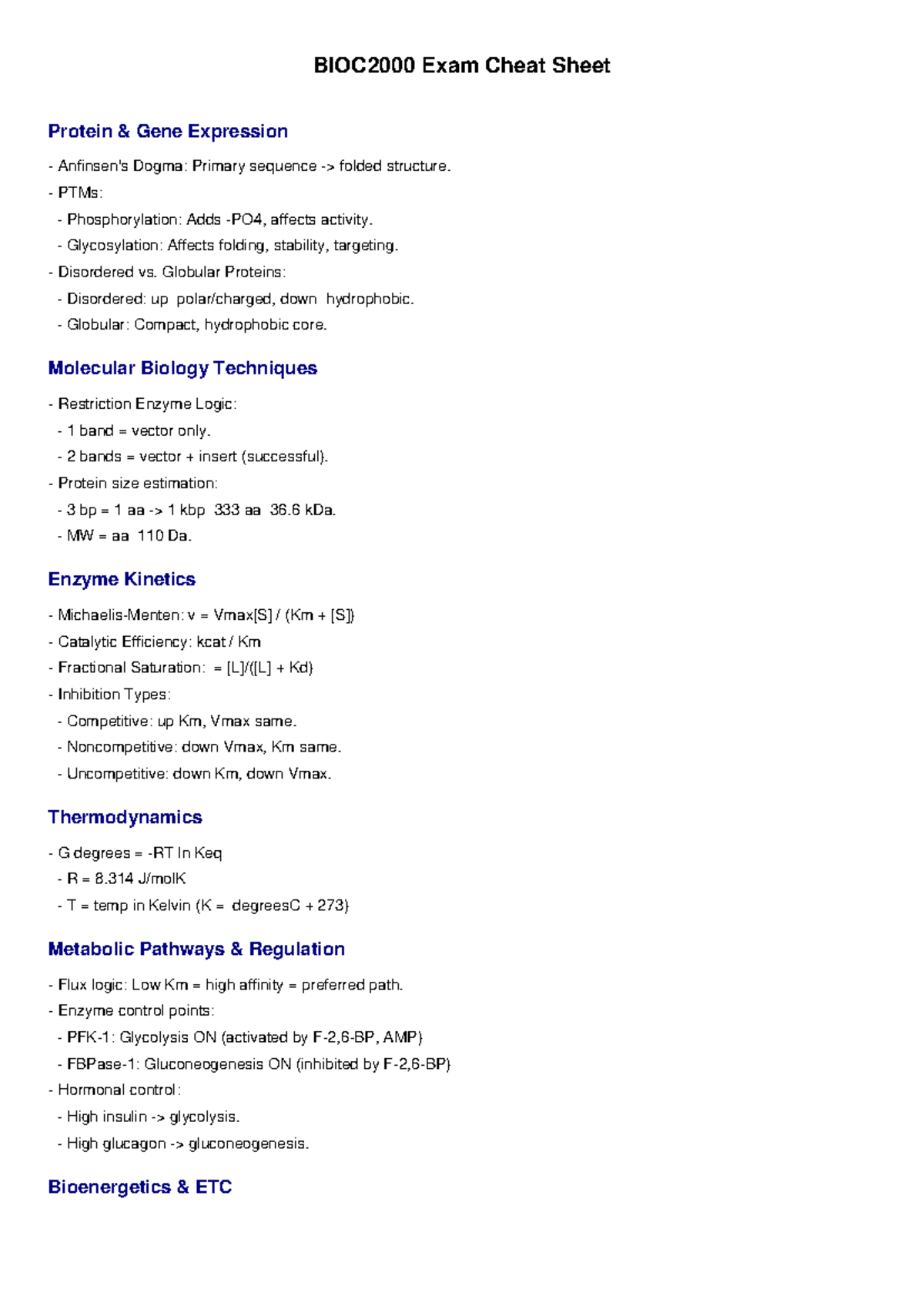 BIOC2000 Final Exam Cheat Sheet: Protein Expression & Enzyme Kinetics ...