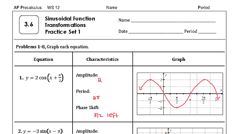 AP Precalculus WS 12: Sinusoidal Function Transformations Practice ...
