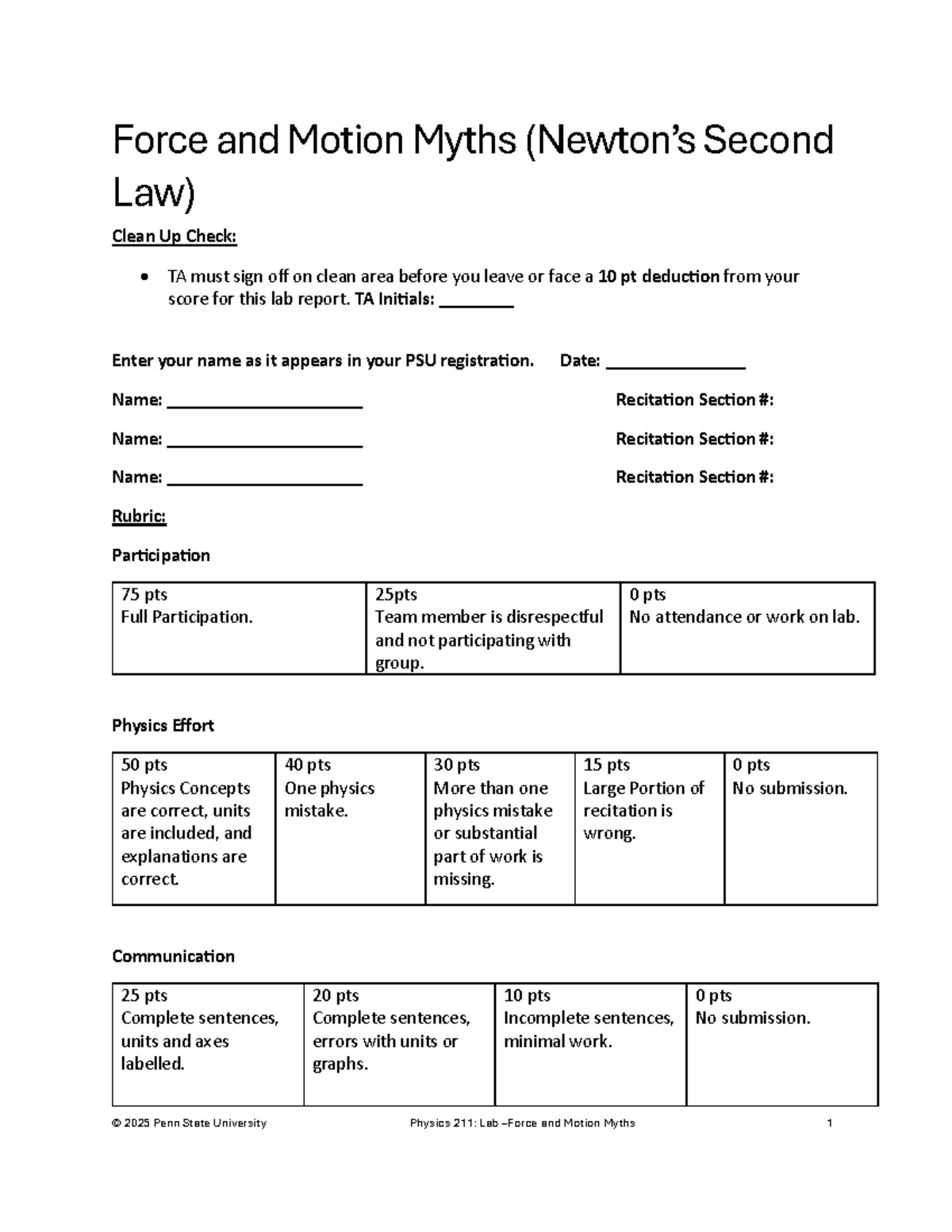 Physics 211: Lab Report on Force and Motion Myths (Newton's 2nd Law ...
