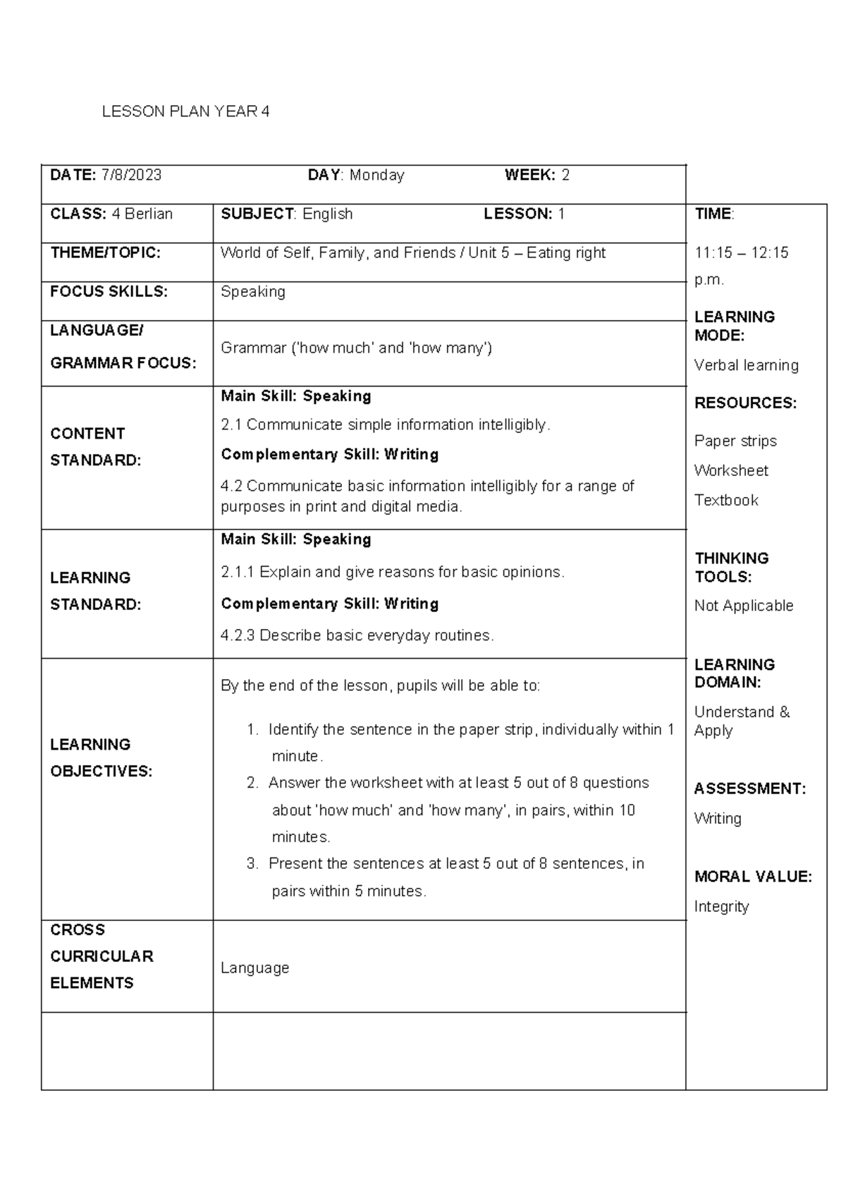 LP Year 4 - Unit 5 Lesson Plan (Wk 2) - English Speaking Skills - Studocu