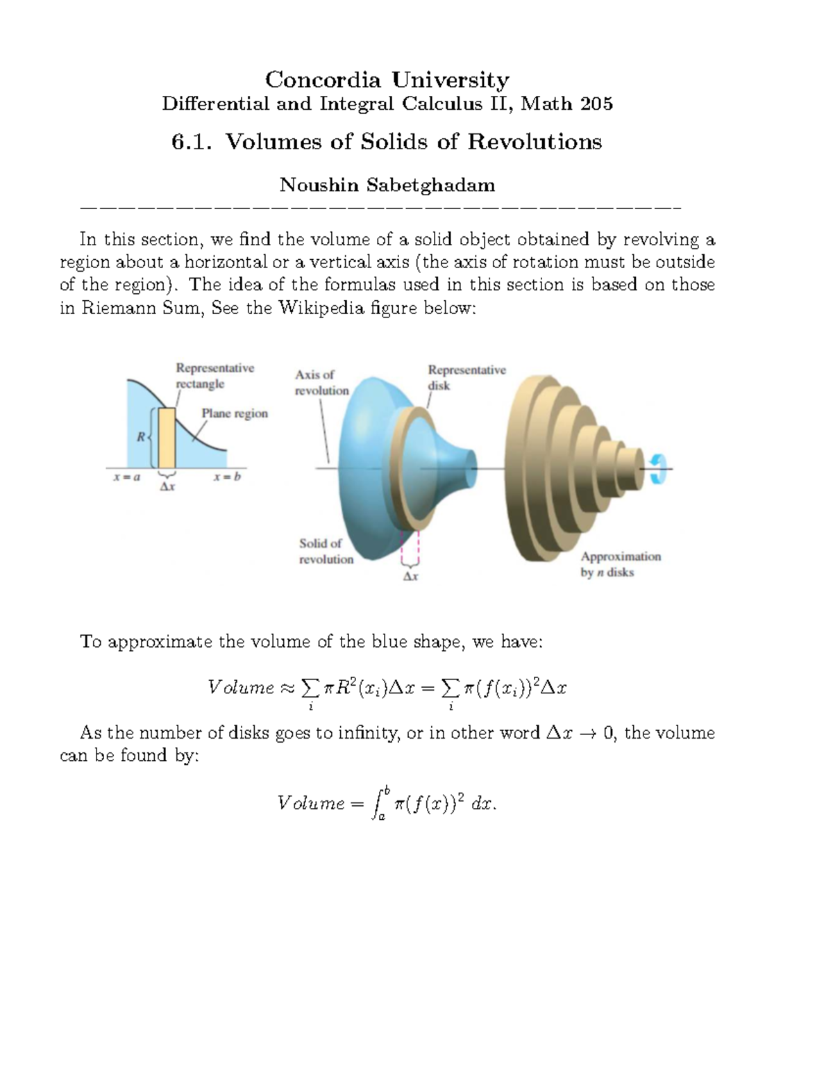 Math 205: Differential & Integral Calculus II - Volumes of Solids of ...
