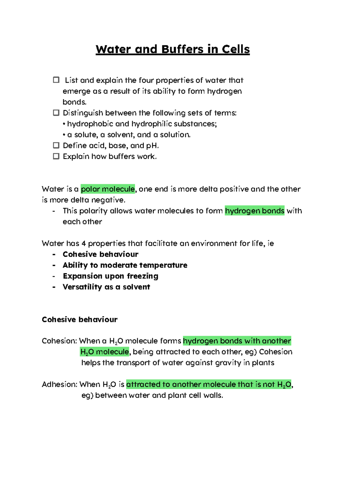CBG Notes Lec 1 - Properties of Water and Buffers in Cells - Studocu