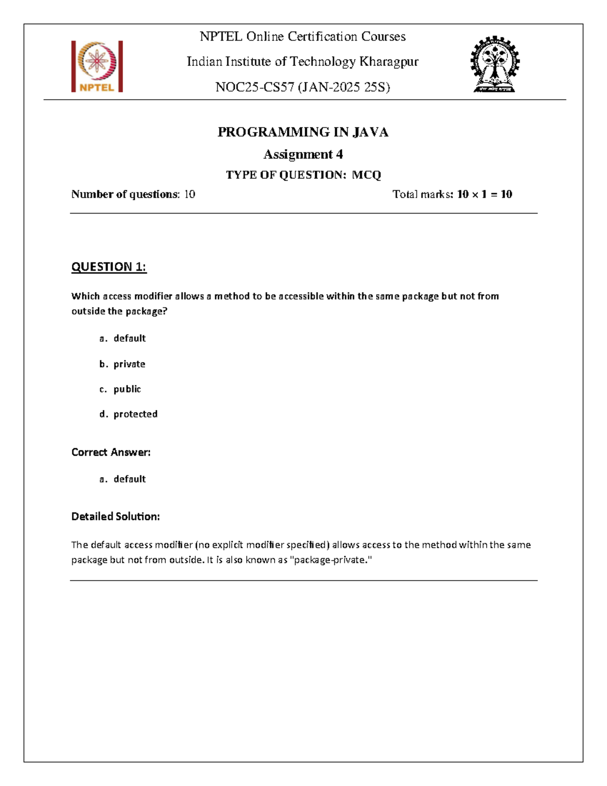 Assignment Solution 4 - programming in java - PROGRAMMING IN JAVA Assignment 4 TYPE OF QUESTION ...
