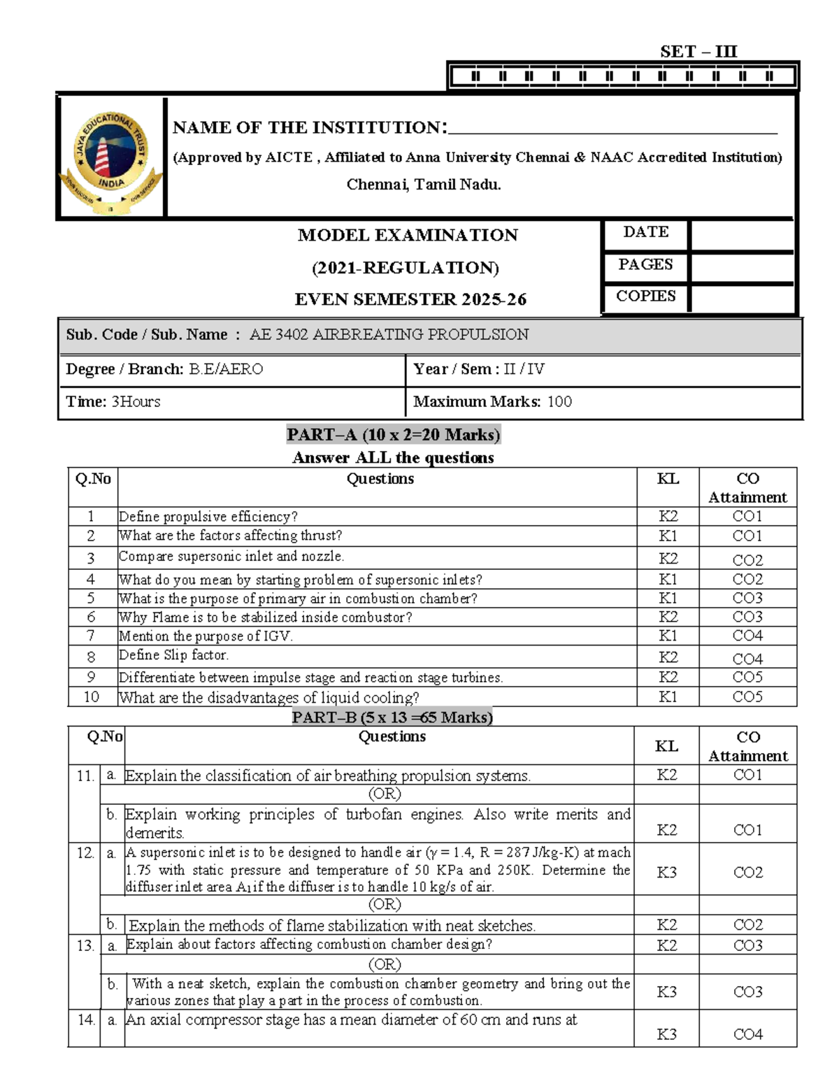 ABP AE 3402 Model Exam Question Paper - Air Breathing Propulsion - Studocu