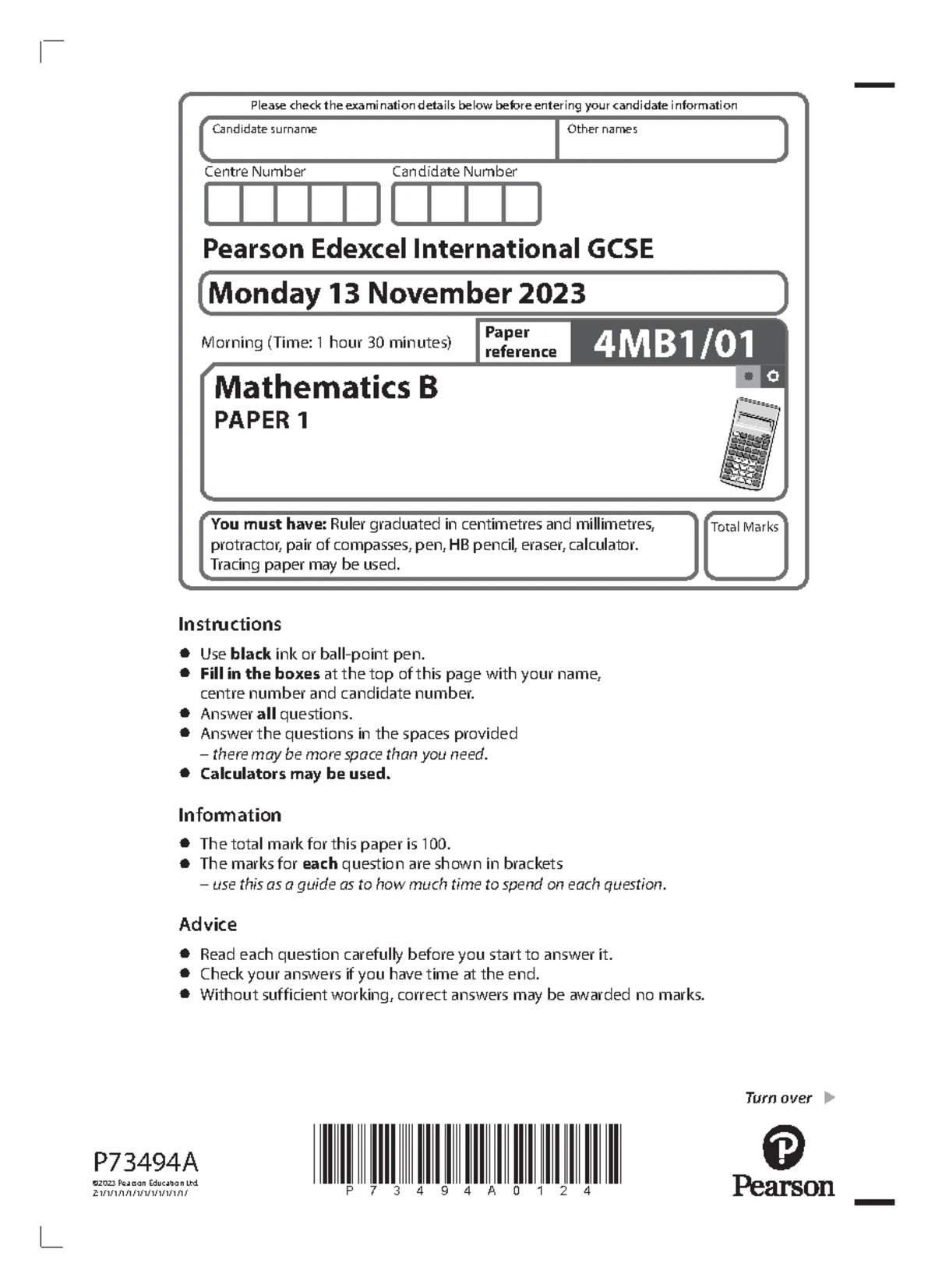 4MB1 01 Past Paper Practice - May 2024 Mathematics B Exam - Studocu