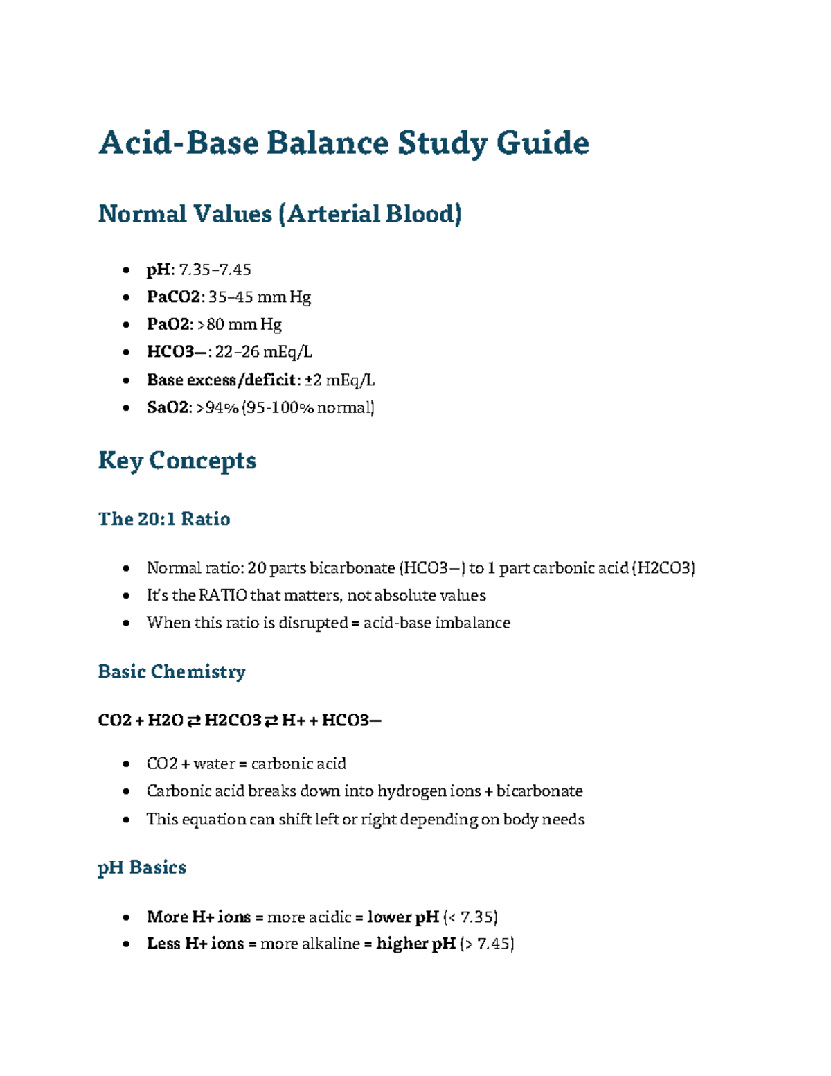 Exam 3 Study Guide: Acid-Base Balance Concepts and Normal Values - Studocu