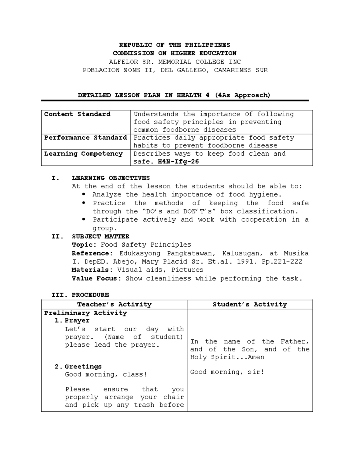 Detailed Lesson Plan on Food Safety (Health 4 - 4As Approach) - Studocu