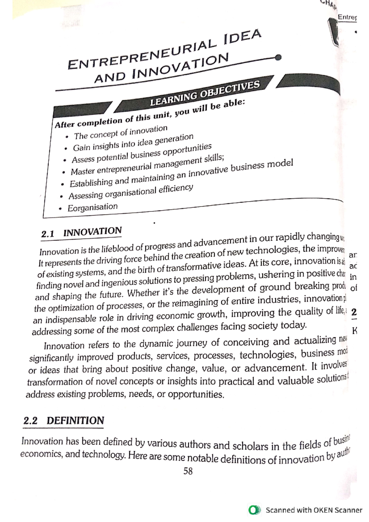 Project management unit 2 - Entrep ENTREPRENEURIAL ID IDEA AND INNOVATION OBJECTIVES LEARNING ...
