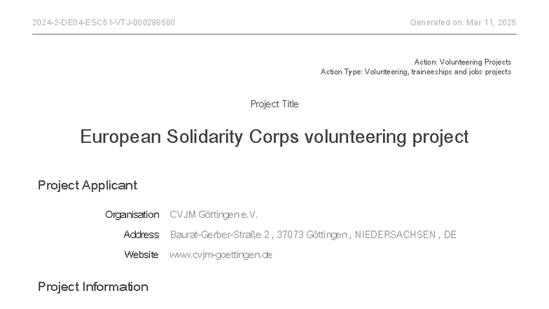 European Solidarity Corps Volunteering Project DE04 ESC51 VTJ 000288560 ...