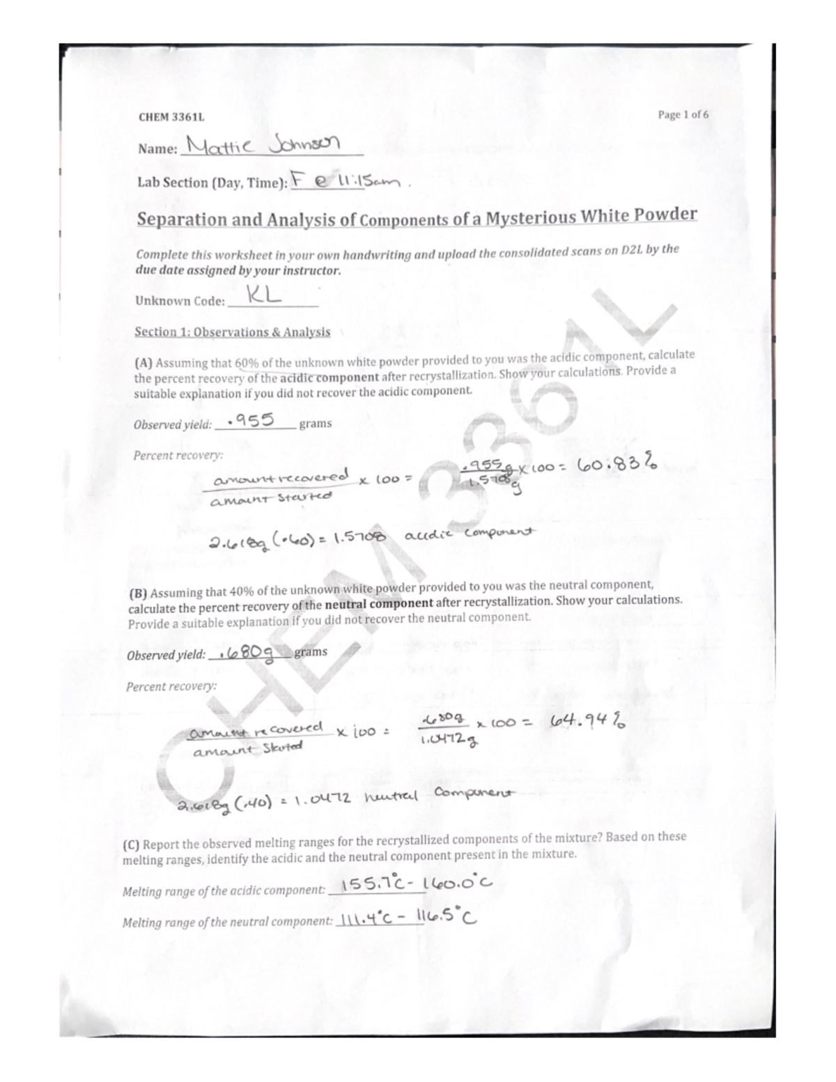Mysterious White Powder lab - CHEM 3361L - Studocu