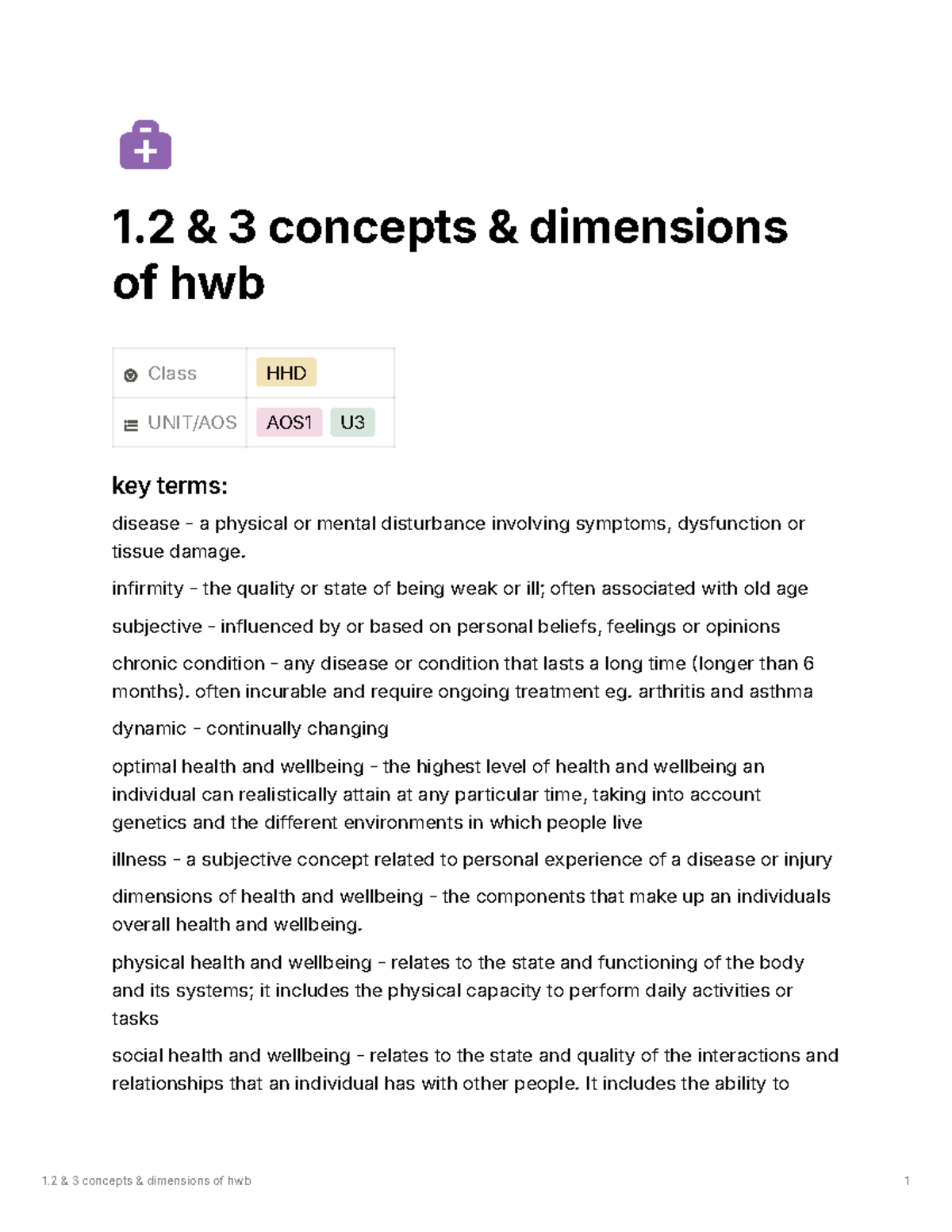 HHD AOS1 U3: Key Concepts in Health and Wellbeing Dimensions - Studocu