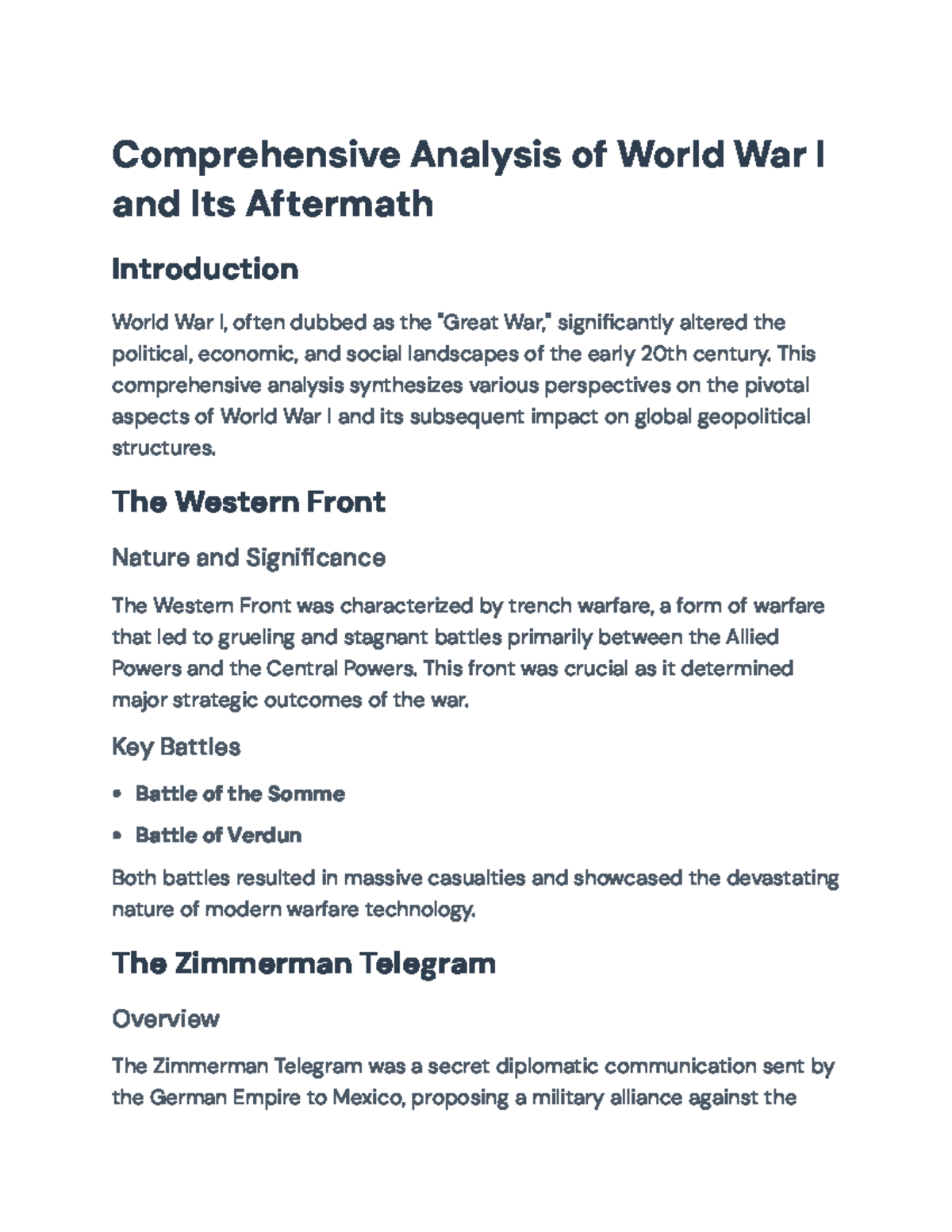 Comprehensive Analysis of WWI and Its Global Consequences ...