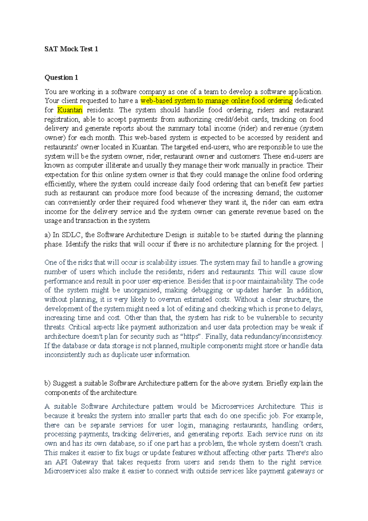 SAT Mock Test 1 - Software Architecture Design Insights - Studocu