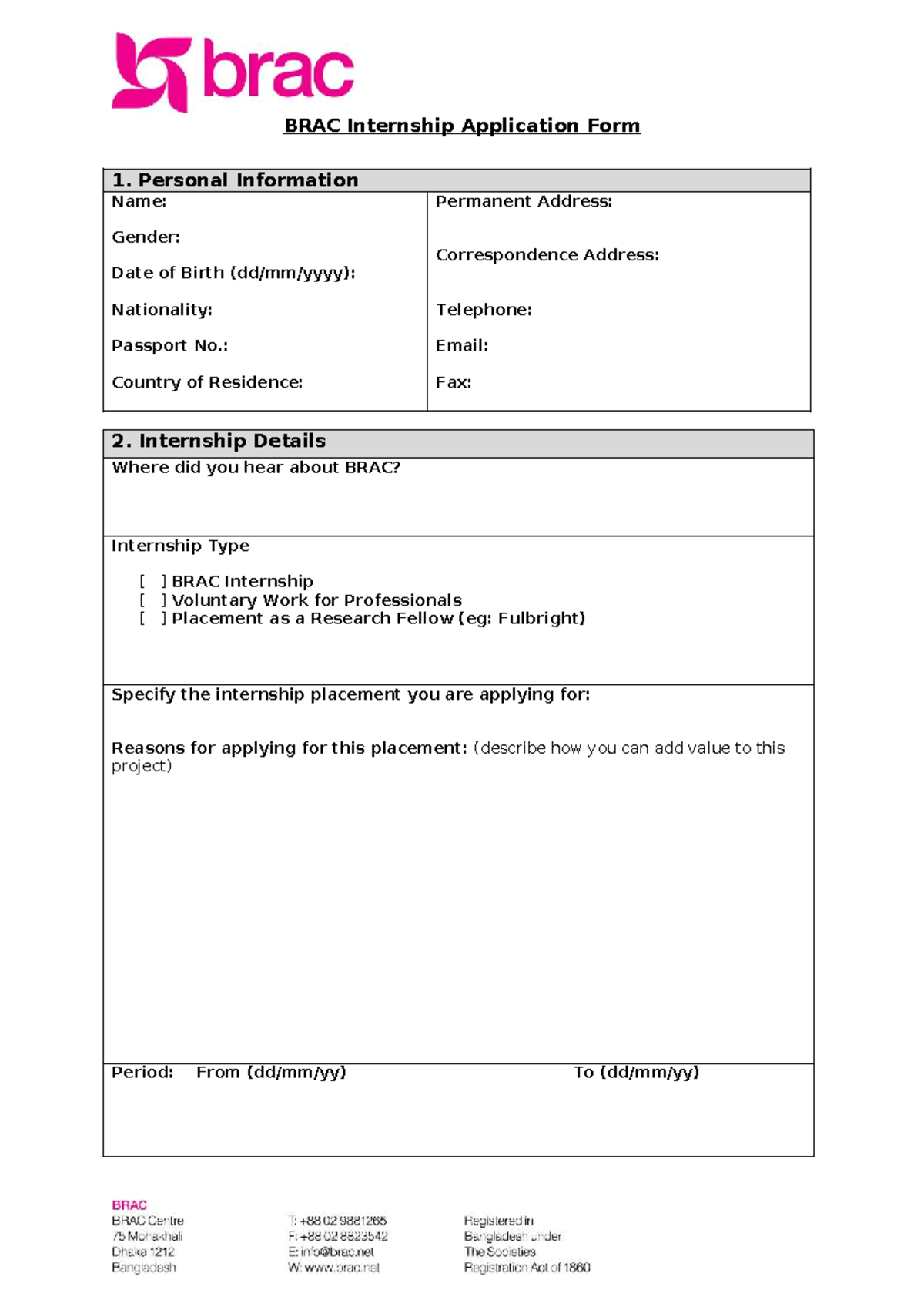 BRAC Internship Application Form: Personal Info & Details - Studocu