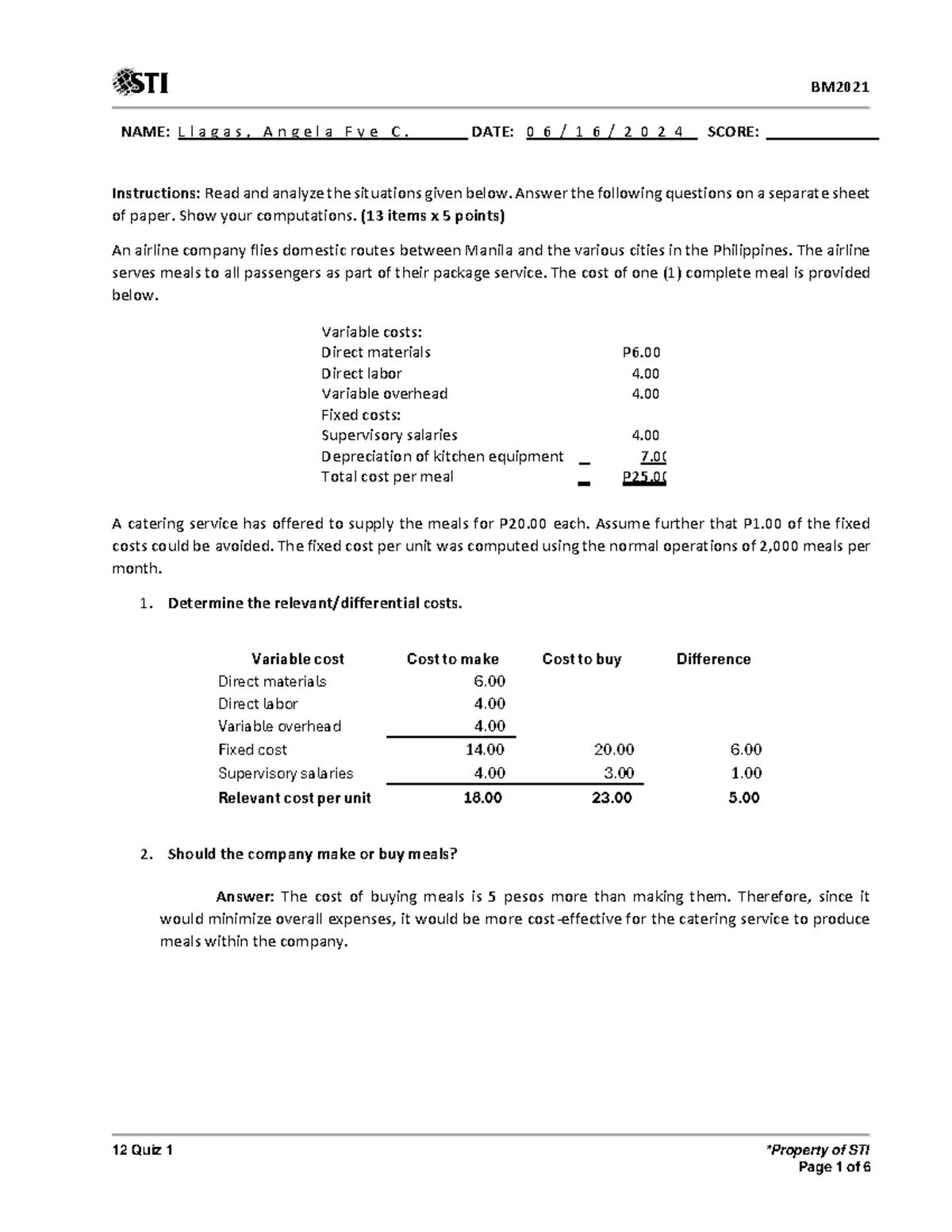 12 Quiz 1 Strategic Cost Management - 12 Quiz 1 *Property of STI NAME ...