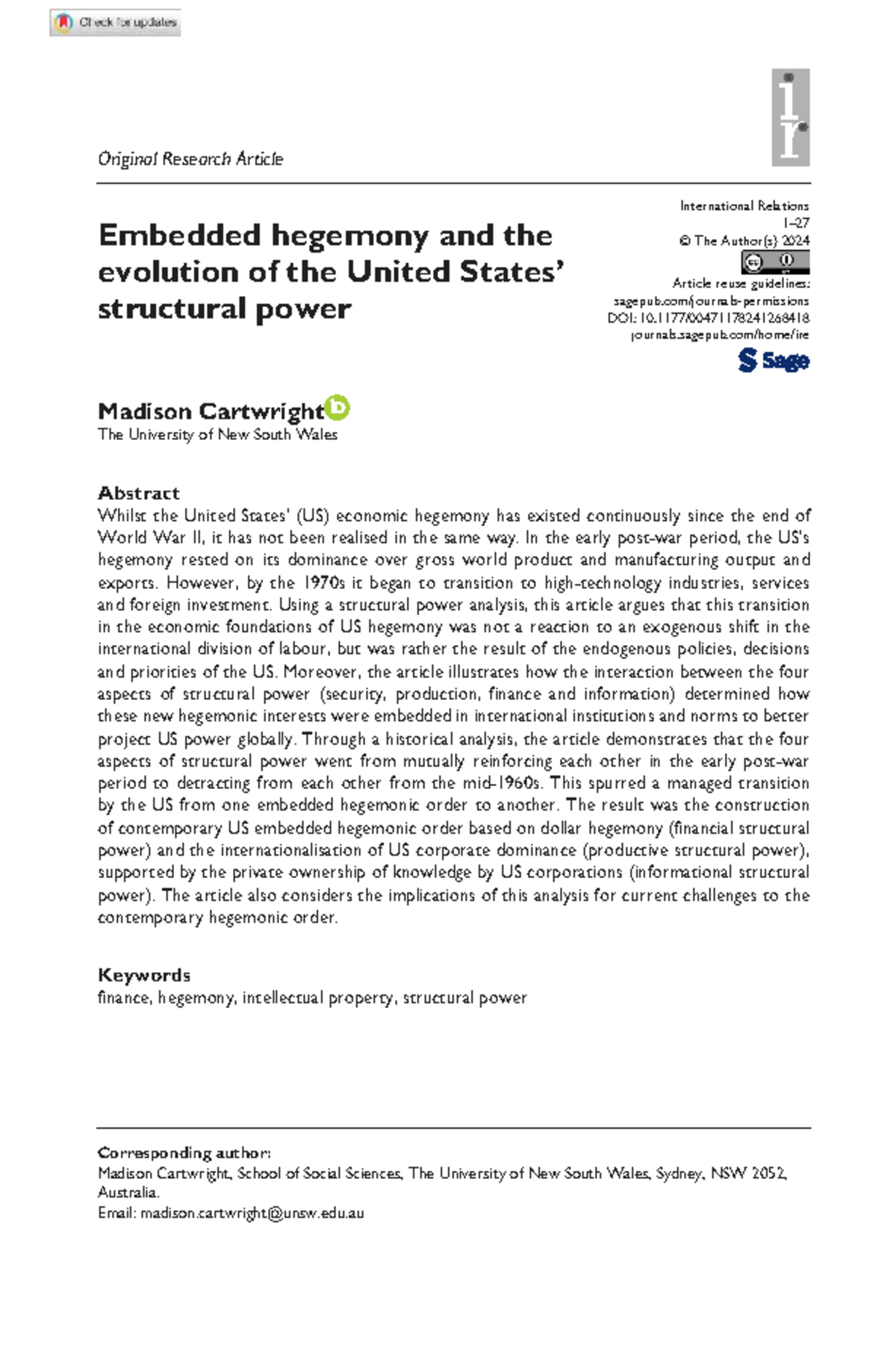 13212313 Final Research Article on US Embedded Hegemony and Structural ...