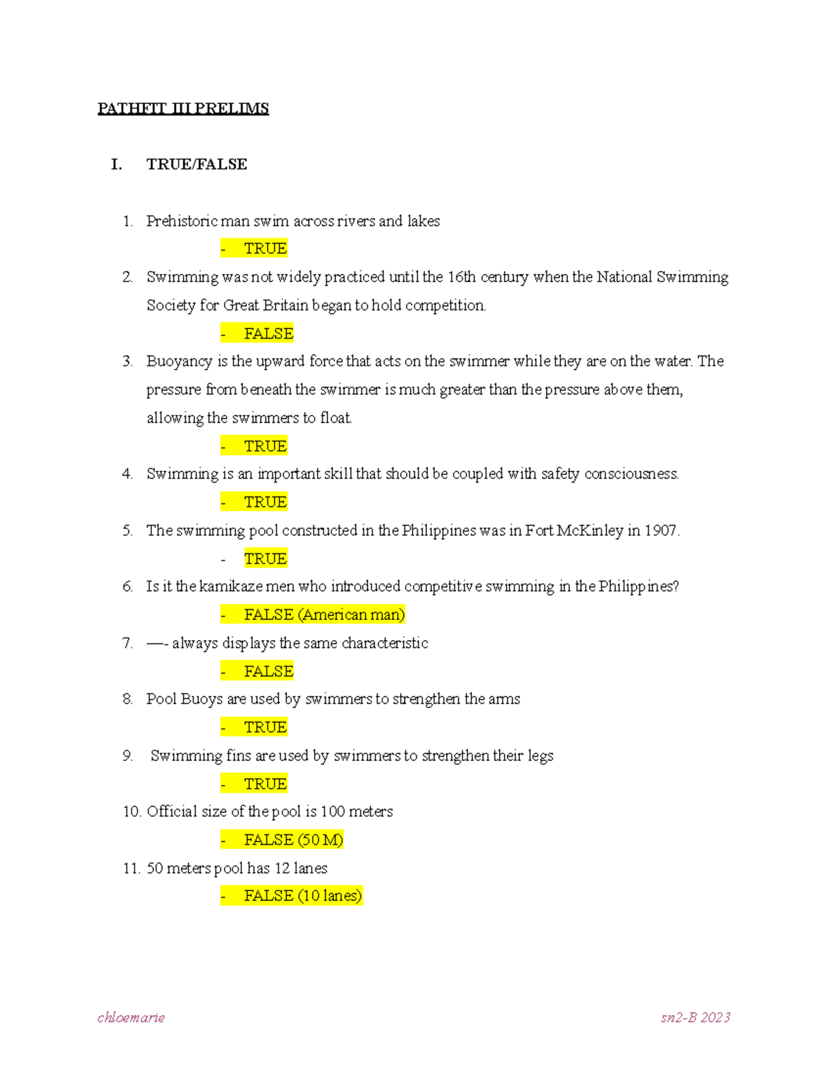 PATHFIT III Prelims - Practice Questions and True/False Answers - Studocu