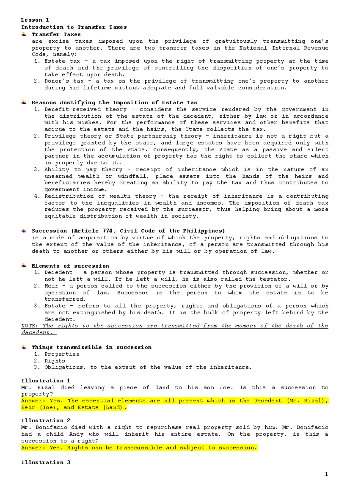 Lesson 1: Introduction to Transfer Taxes in Business Taxation - Studocu
