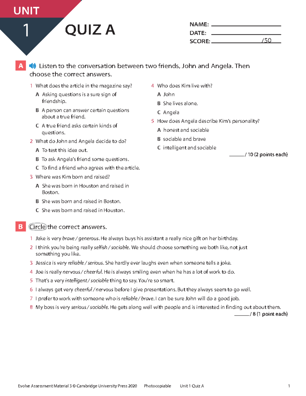 Evolve L3 Unit 1 Quiz A - Assessment Material and Answers - Studocu