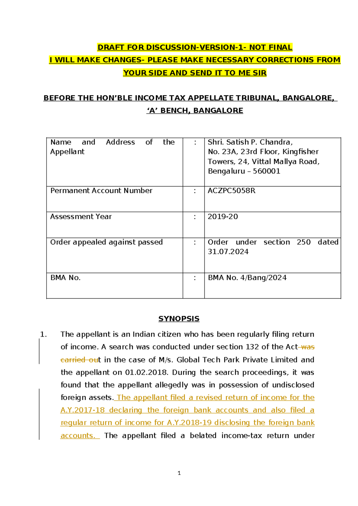 Income Tax Appeal Synopsis: Satish P. Chandra - BMA No. 250 - Studocu