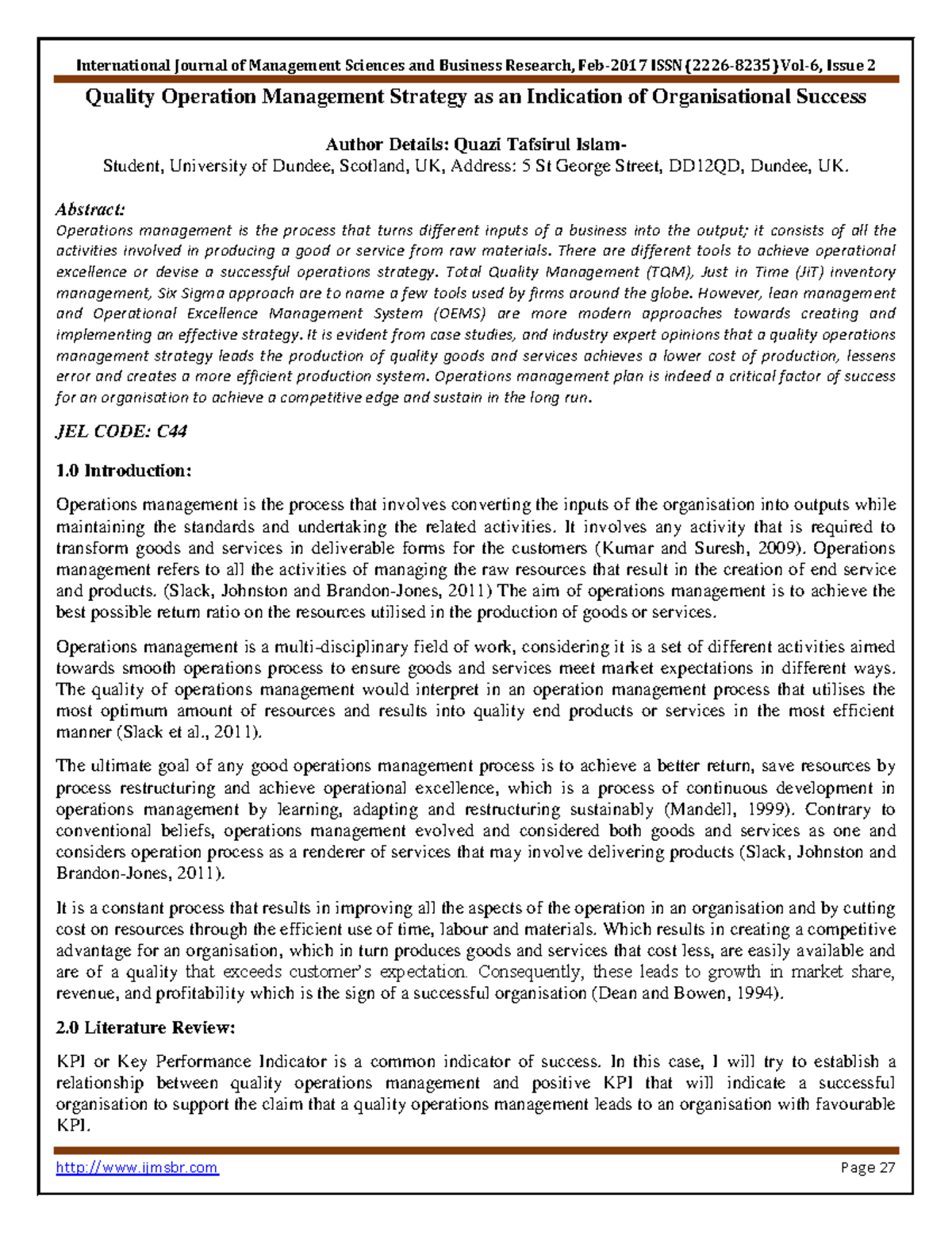 Quality Operation Management Strategy as - Abstract: Operations ...