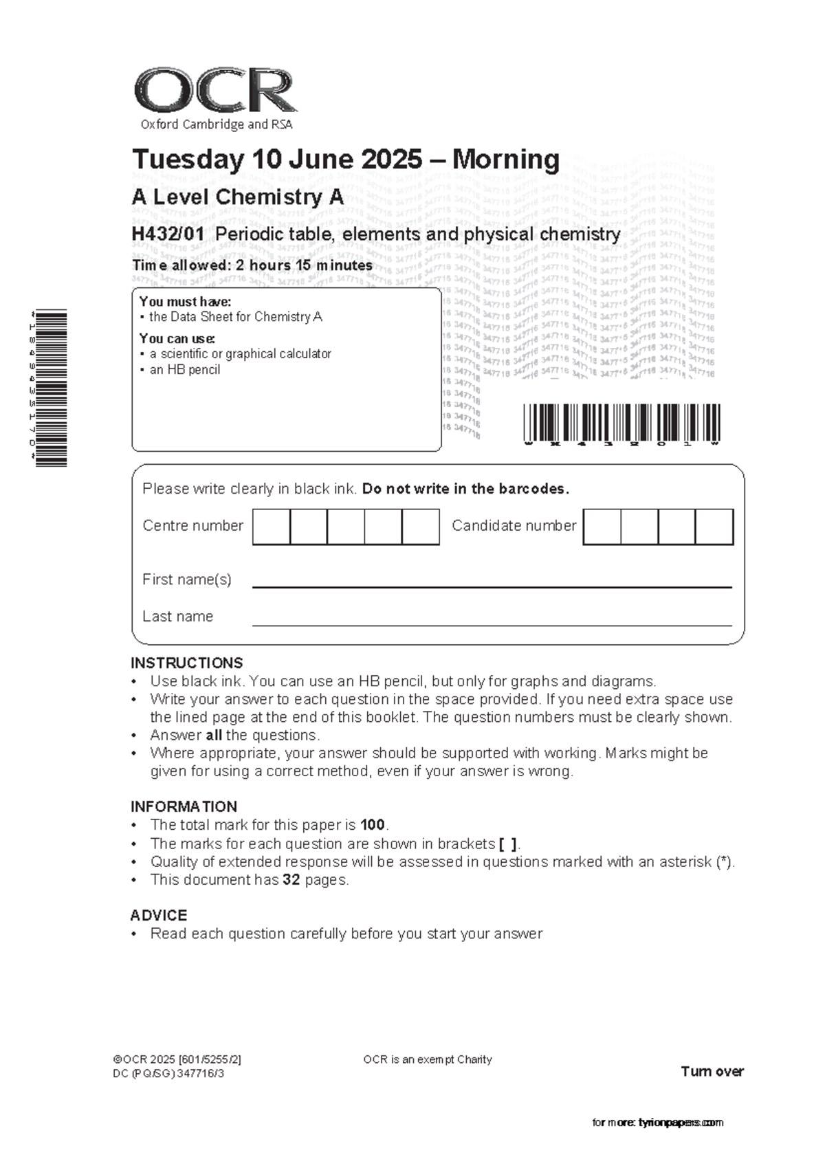 A Level Chemistry A Paper 1 Exam - June 2025 (OCR 2025) - Studocu