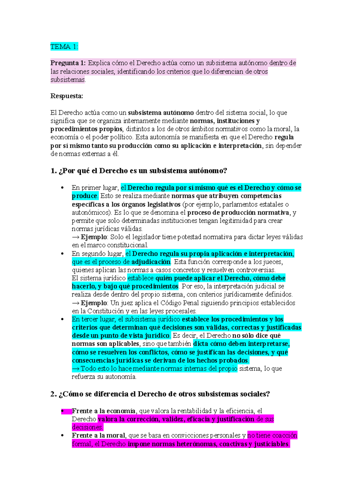 Examen Teoría TEMA 1-6: Derecho como Subsistema Autónomo y Funciones ...