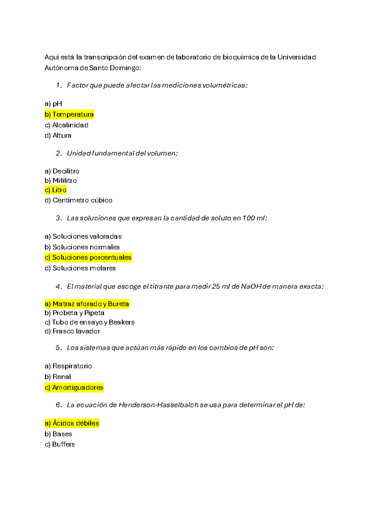 Examen de Laboratorio de Bioquímica UASD: Preguntas y Respuestas - Studocu