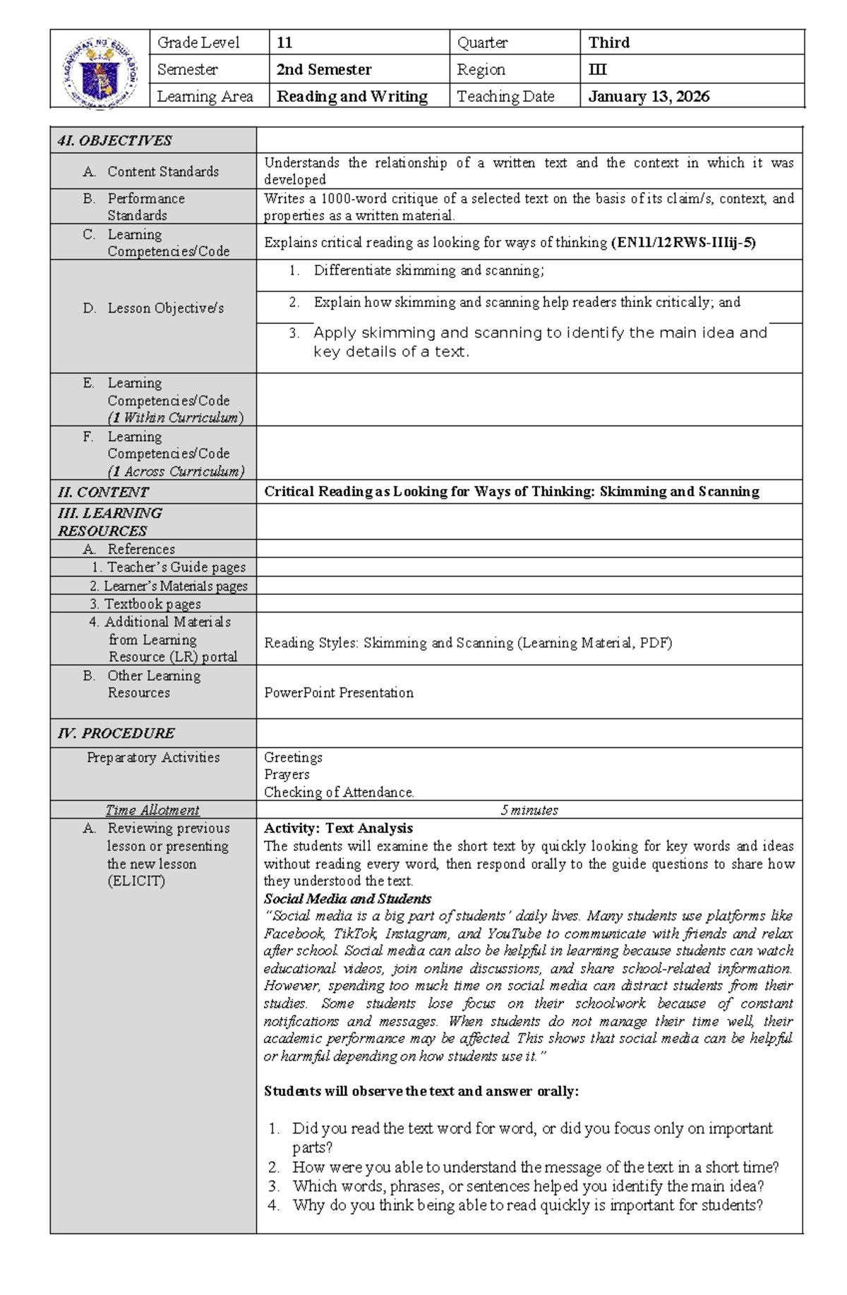 Grade 11 Reading and Writing DLP: Skimming and Scanning Techniques ...