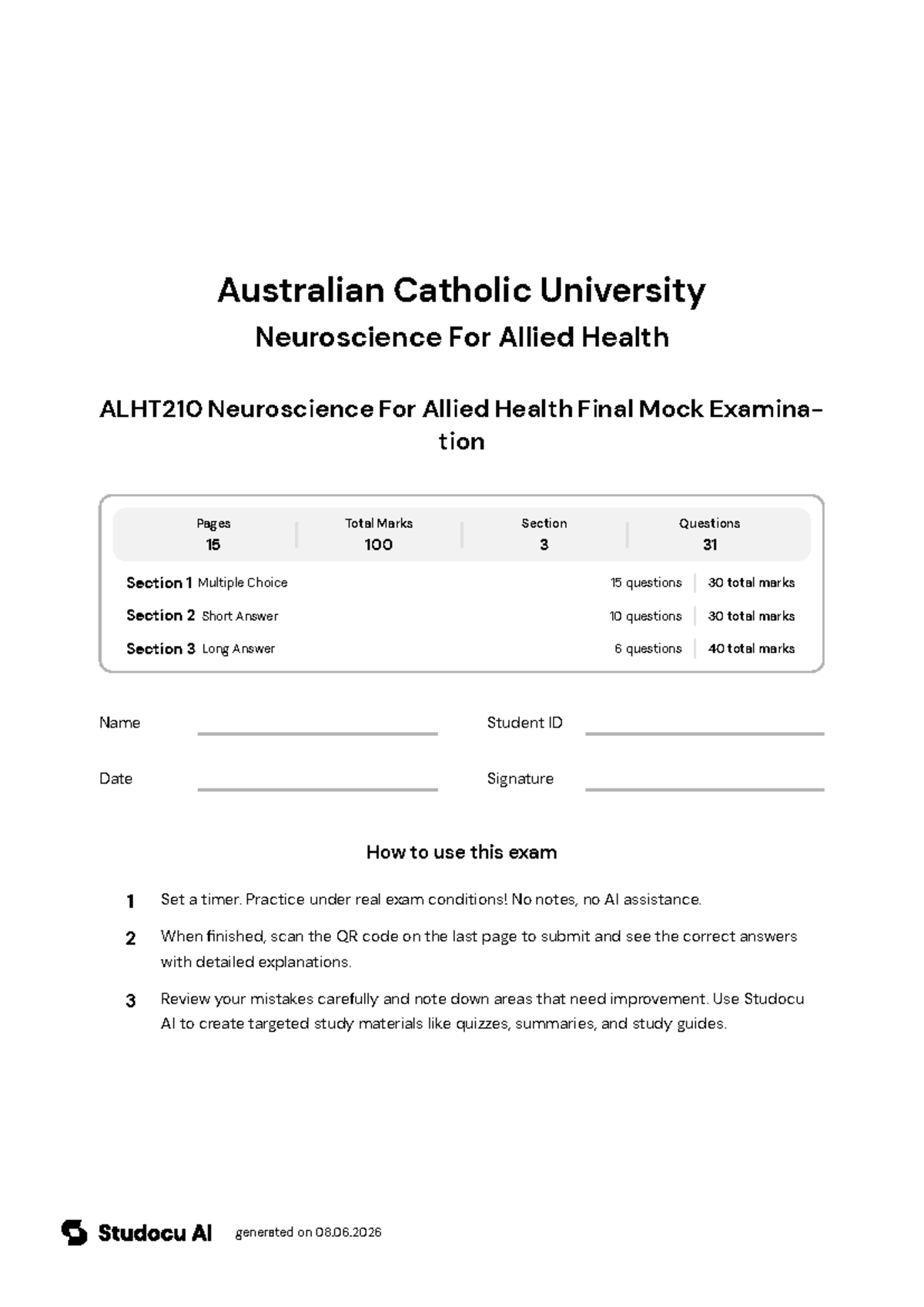 ALHT210 Neuroscience Final Mock Exam - Studocu