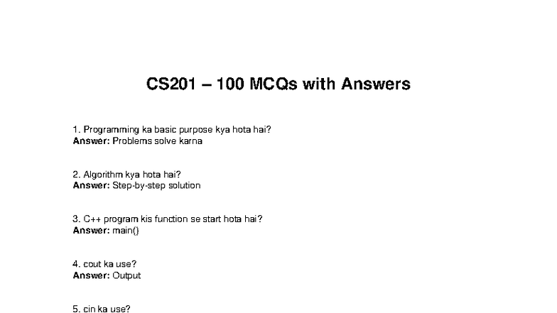 CS201 – 100 MCQs with Detailed Answers on C++ Basics - Studocu