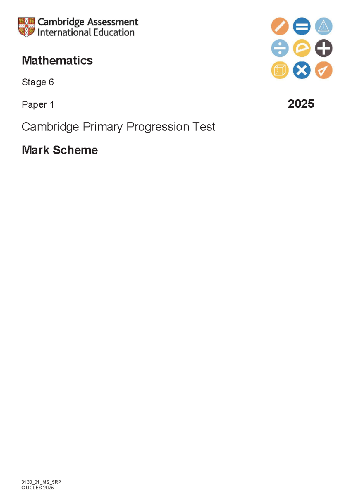 Mathematics Stage 6 2025 Paper 1 Past Progression Test Mark Scheme ...