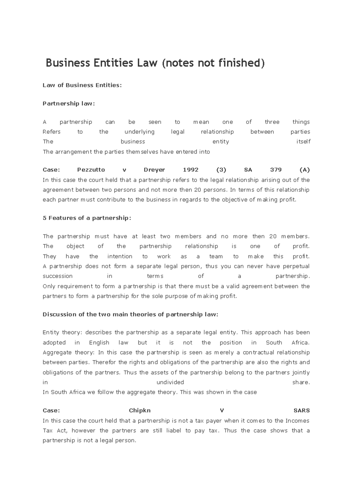 Business Entities Law Notes (Course Code: LAW 101) - Studocu