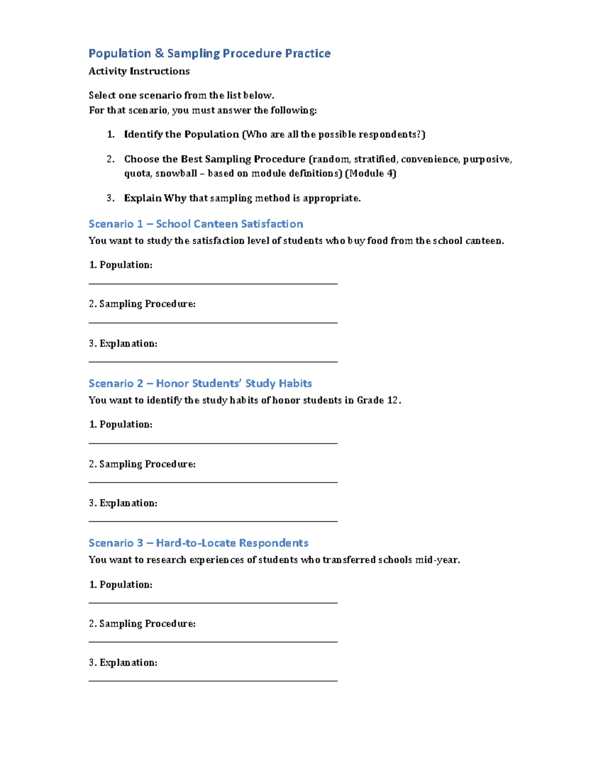 Population and Sampling Worksheet Instructions (Module 4) - Studocu