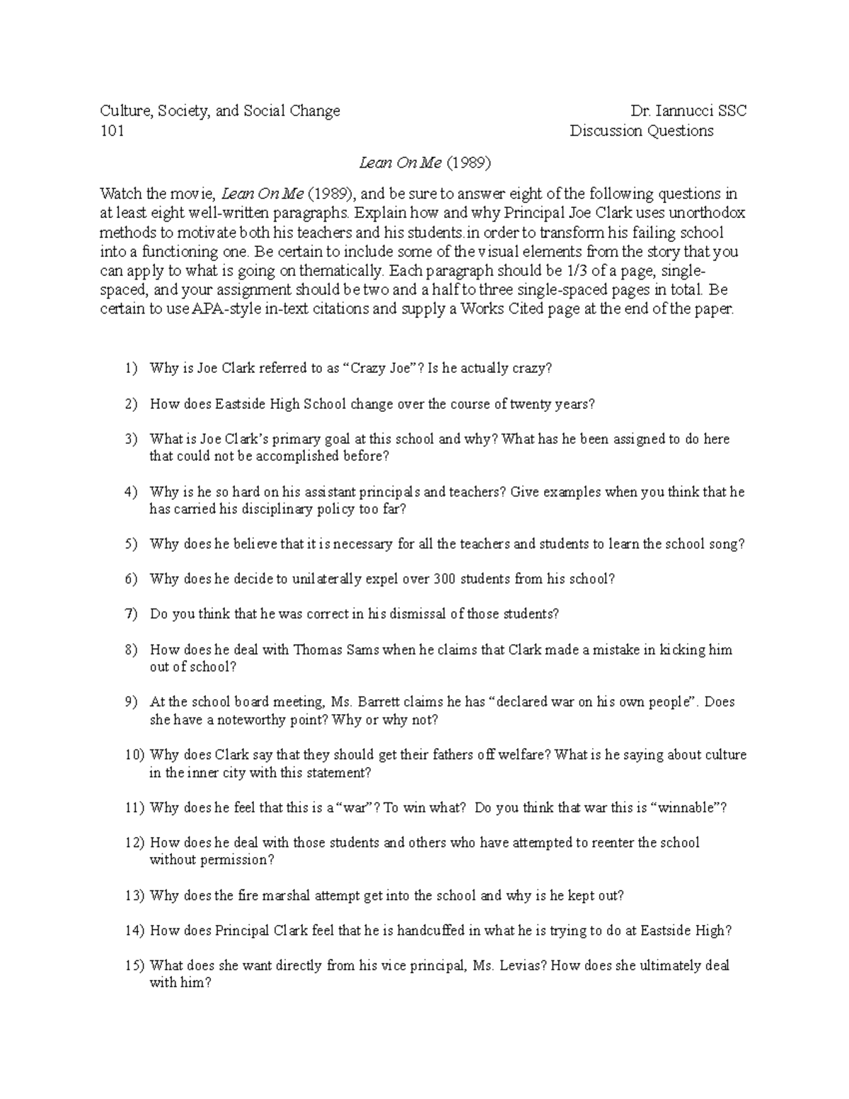 SSC 101: Lean On Me - Discussion Questions & Analysis - Studocu