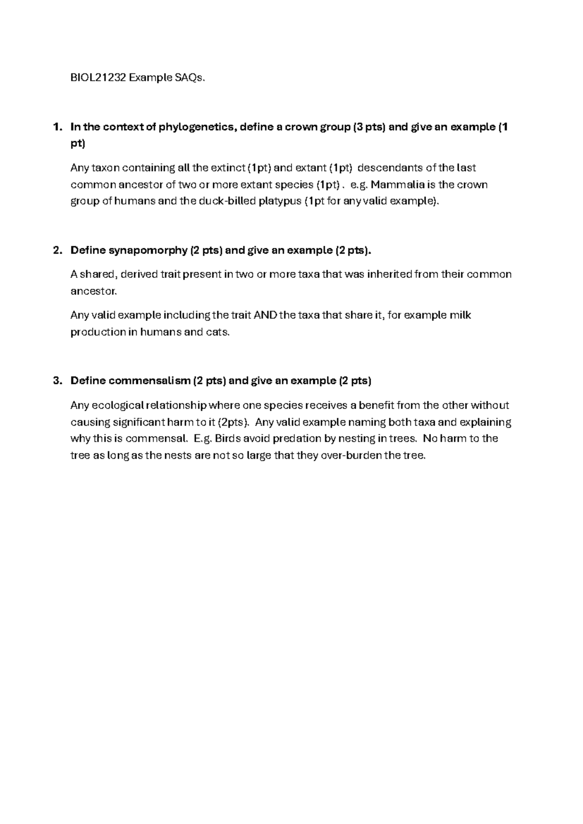 BIOL21232 Example SAQ Answers on Phylogenetics and Ecology - Studocu