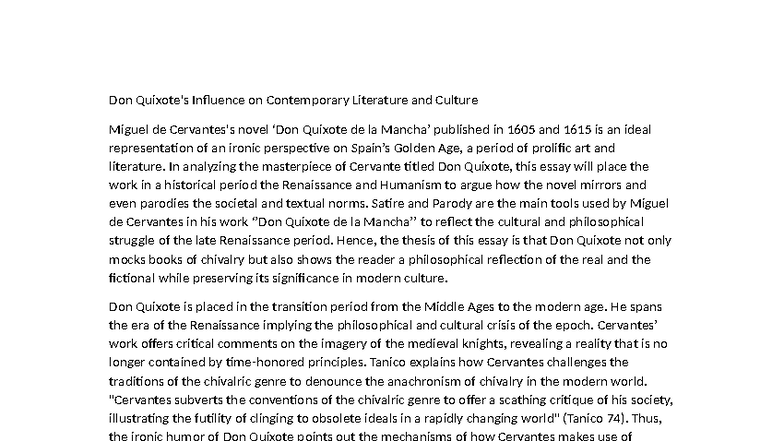 Literary Research Essay Corregida Don Quixote - Don Quixote's Influence ...