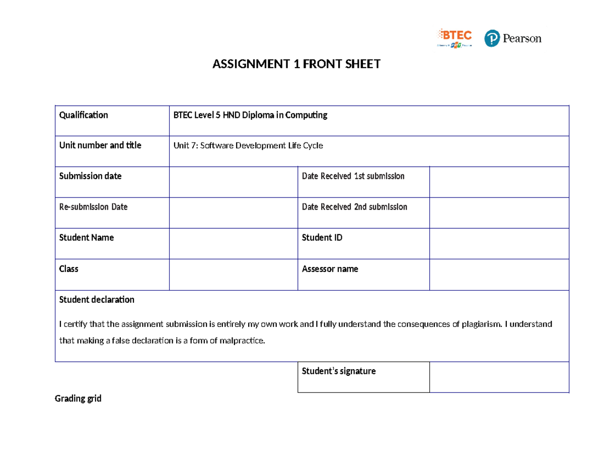 Assignment 1 - Software life cycle asm1 - ASSIGNMENT 1 FRONT SHEET Qualification BTEC Level 5 ...