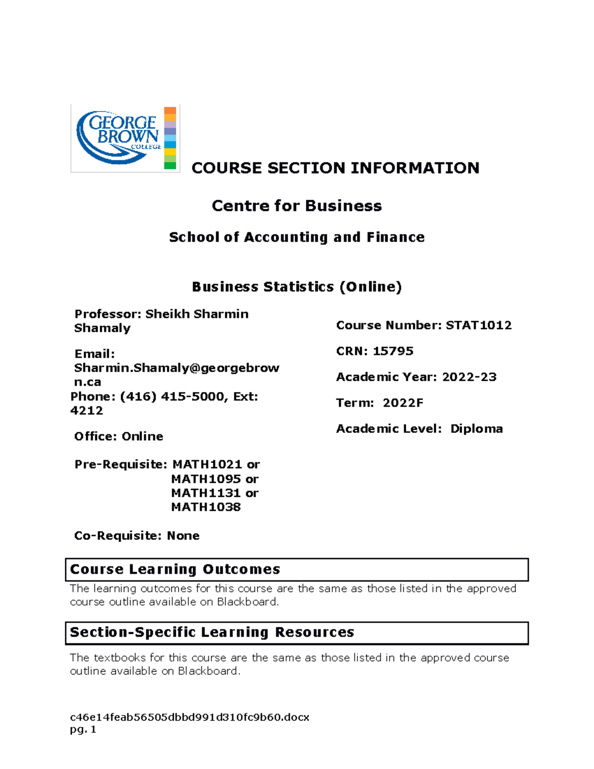 STAT1012 - 15795 - Business Statistics Course Outline 2022 - Studocu