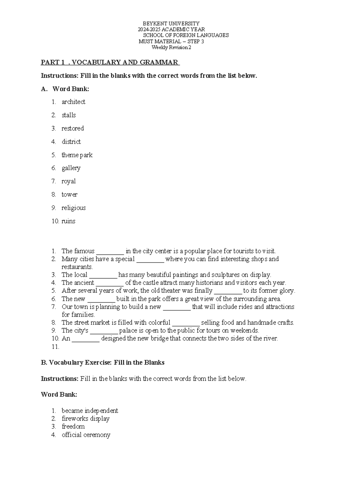 W3-4 STEP 3 Weekly Revision 2 - Vocabulary and Grammar Exercises - Studocu