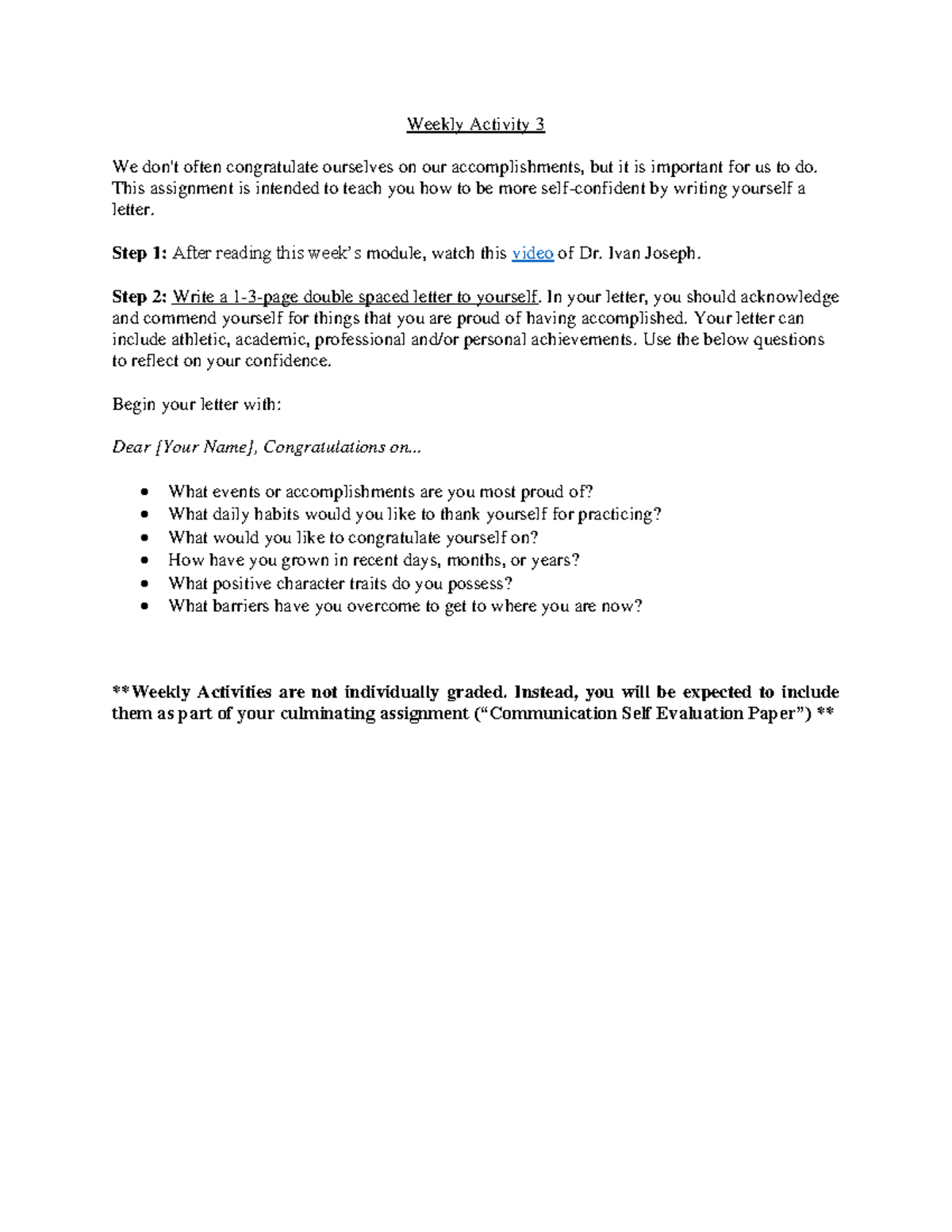 Weekly Activity 3: Self-Reflection Letter Assignment - Studocu
