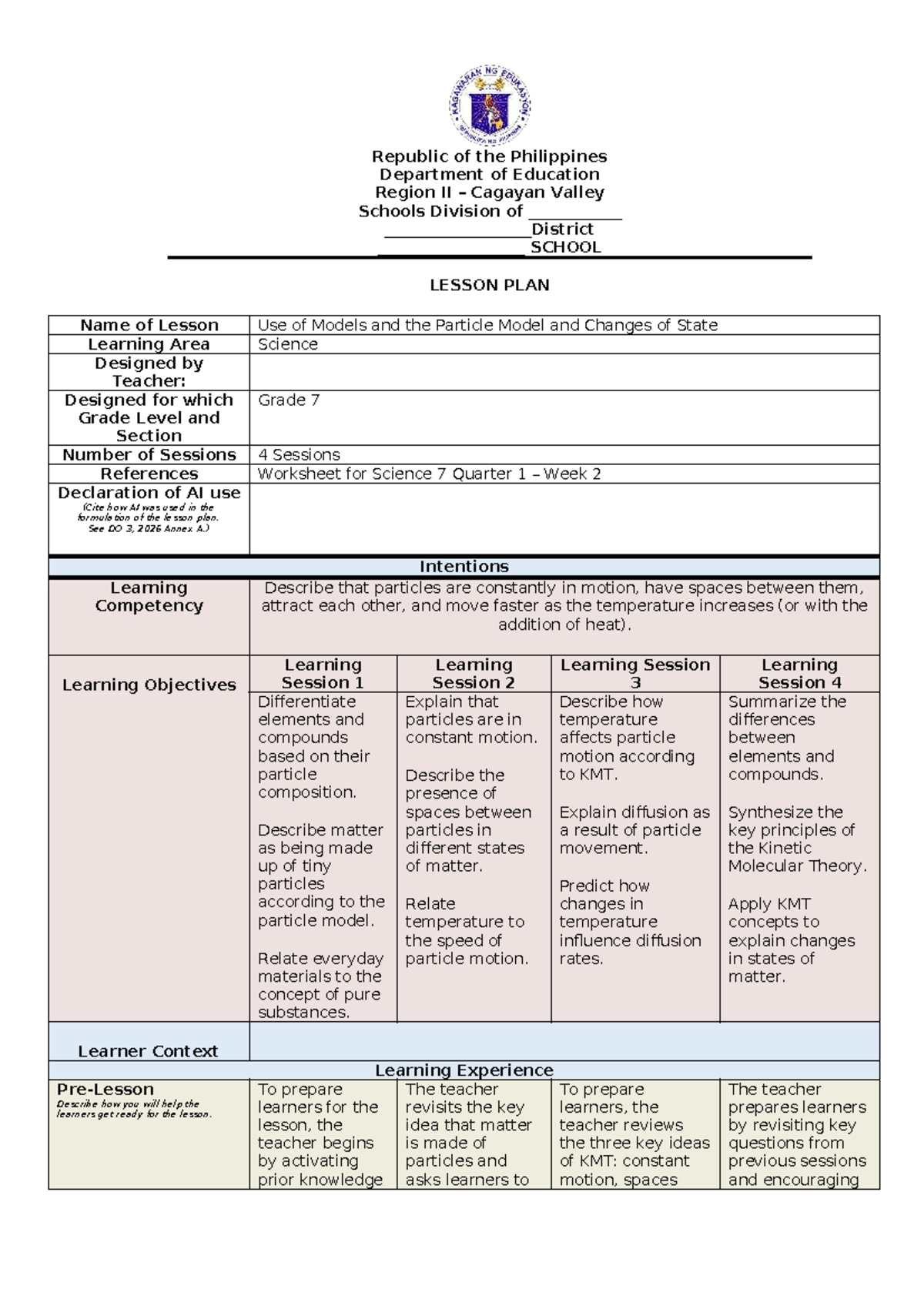 Science 7 Lesson Plan: Particle Model & Changes of State (Week 2) - Studocu