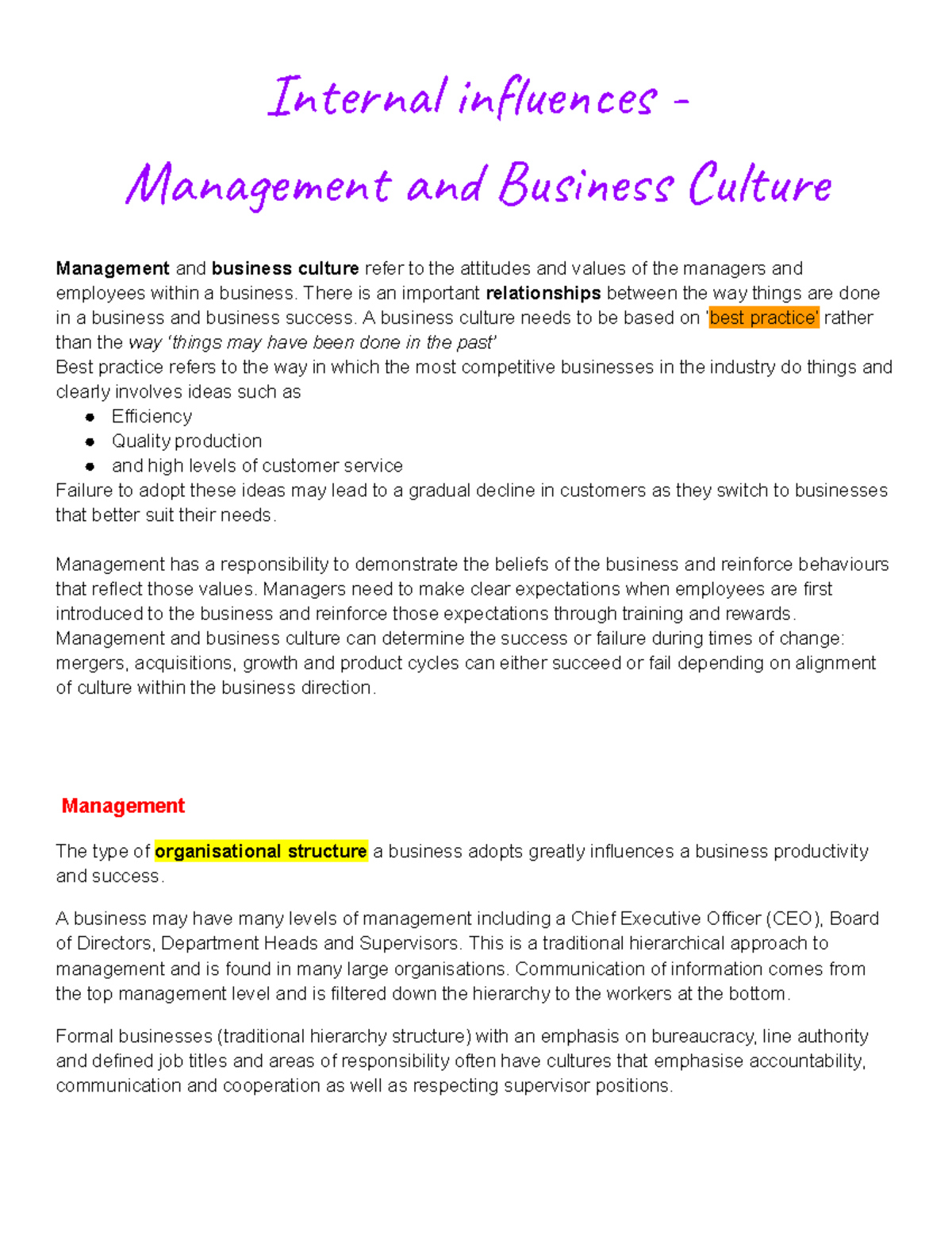 Internal Influences on Management & Business Culture - Studocu