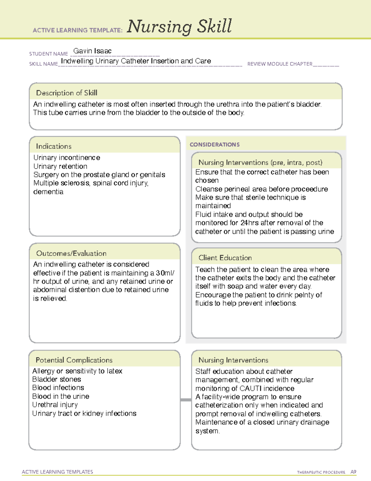 Indwelling Catheter Insertion & Care: Nursing Skill Template - Studocu