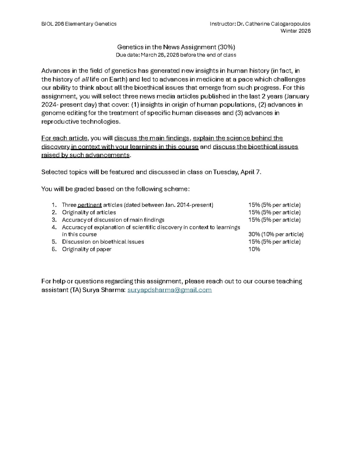 BIOL 206 Genetics in the News Assignment - Winter 2026 - Studocu