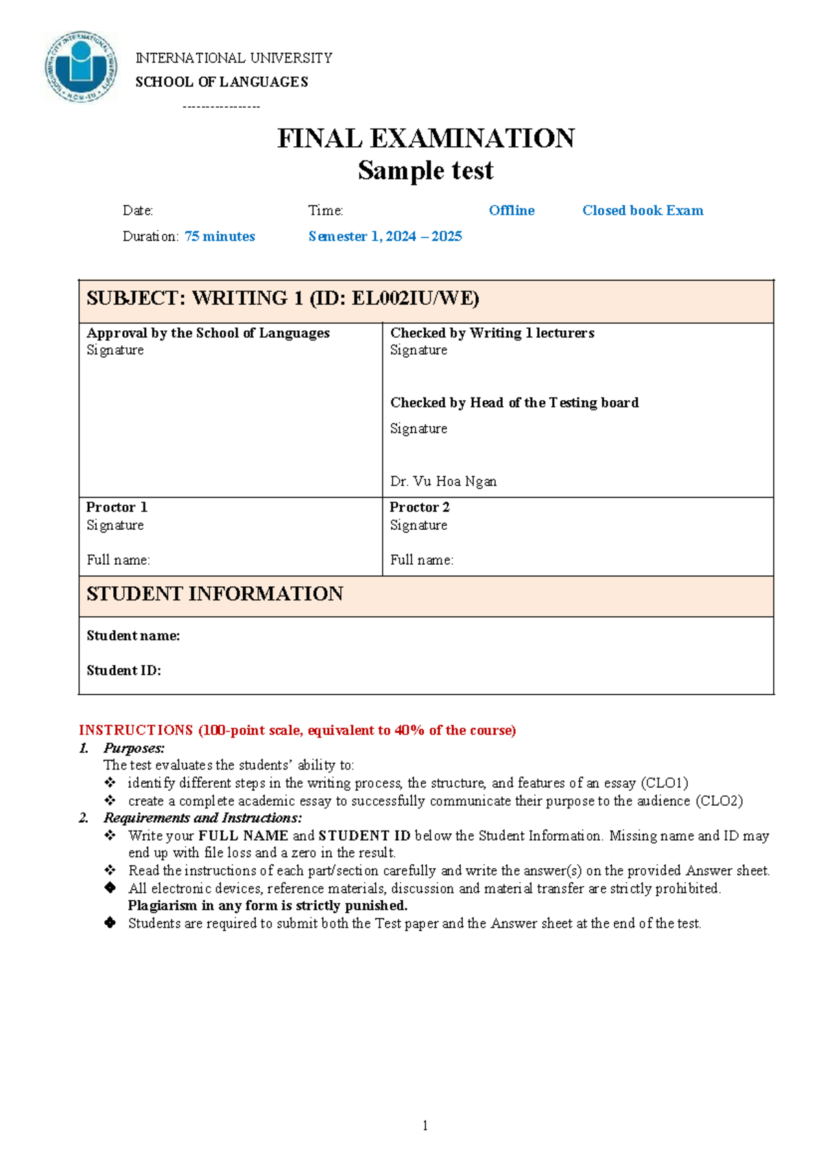 Writing 1 - Sample Final Exam Test (ID: EL002IU/WE) - Studocu