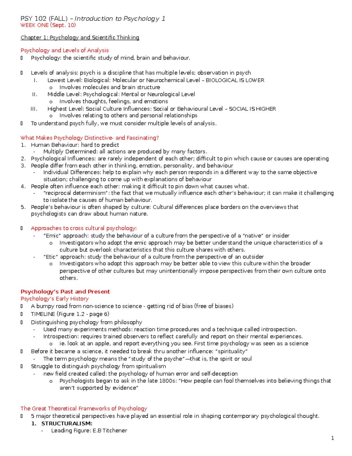 PSY 102 Notes - PSY 102 (FALL) – Introduction to Psychology 1 WEEK ONE ...