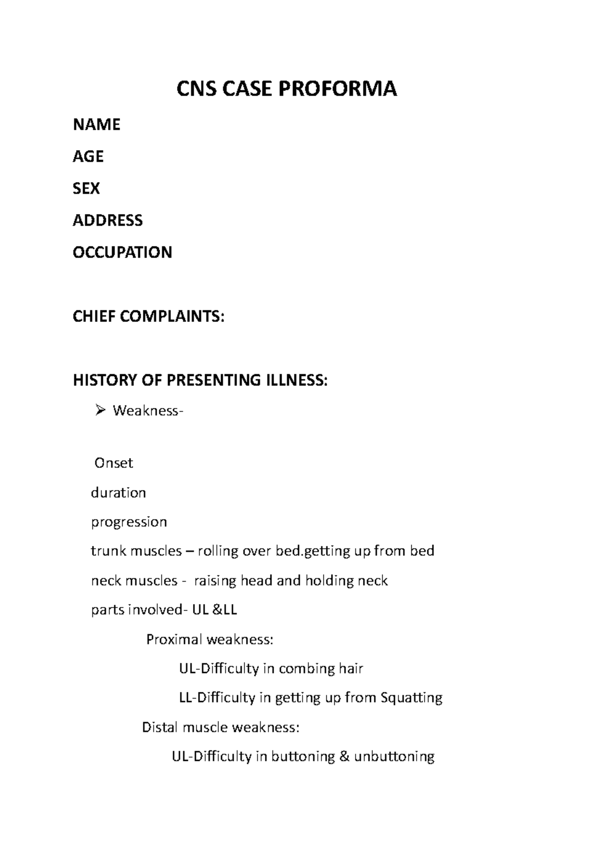 CNS CASE Proforma-1: Clinical Examination Practical Format - Studocu