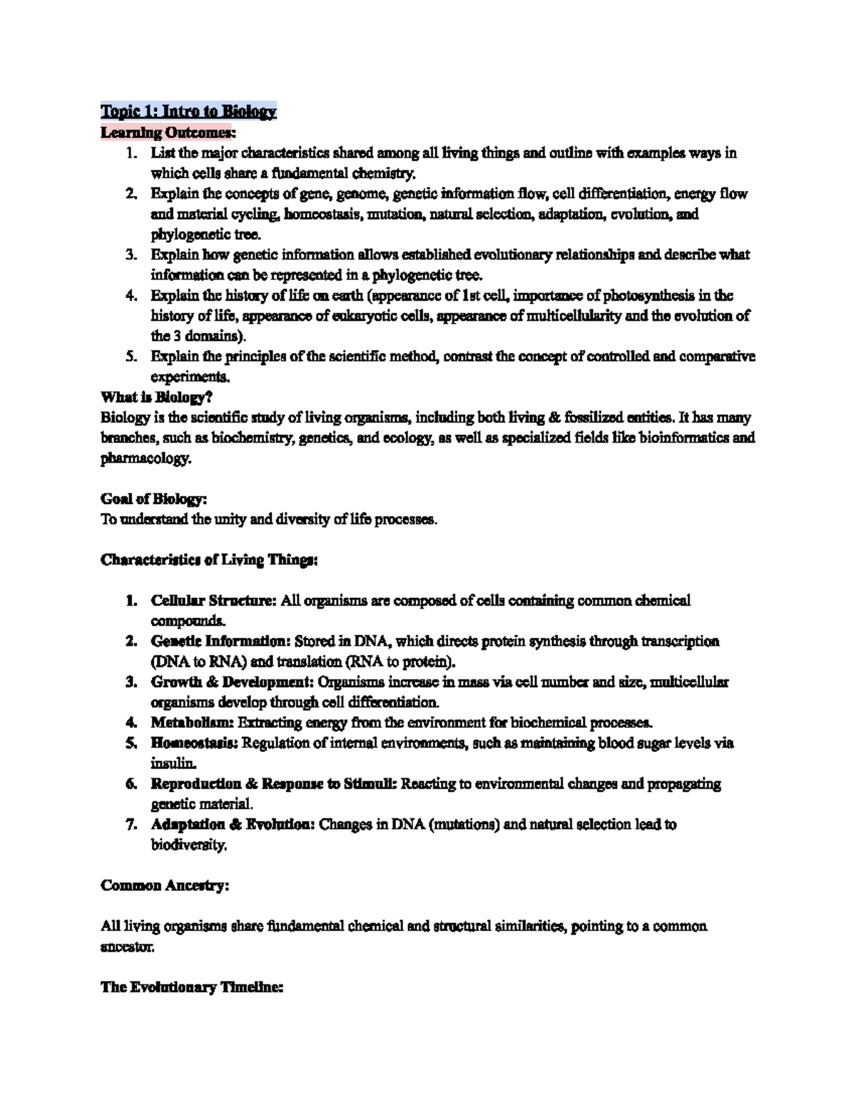 Intro to Biology Notes - BIO1140 - Topic 1: Intro to Biology Learning ...