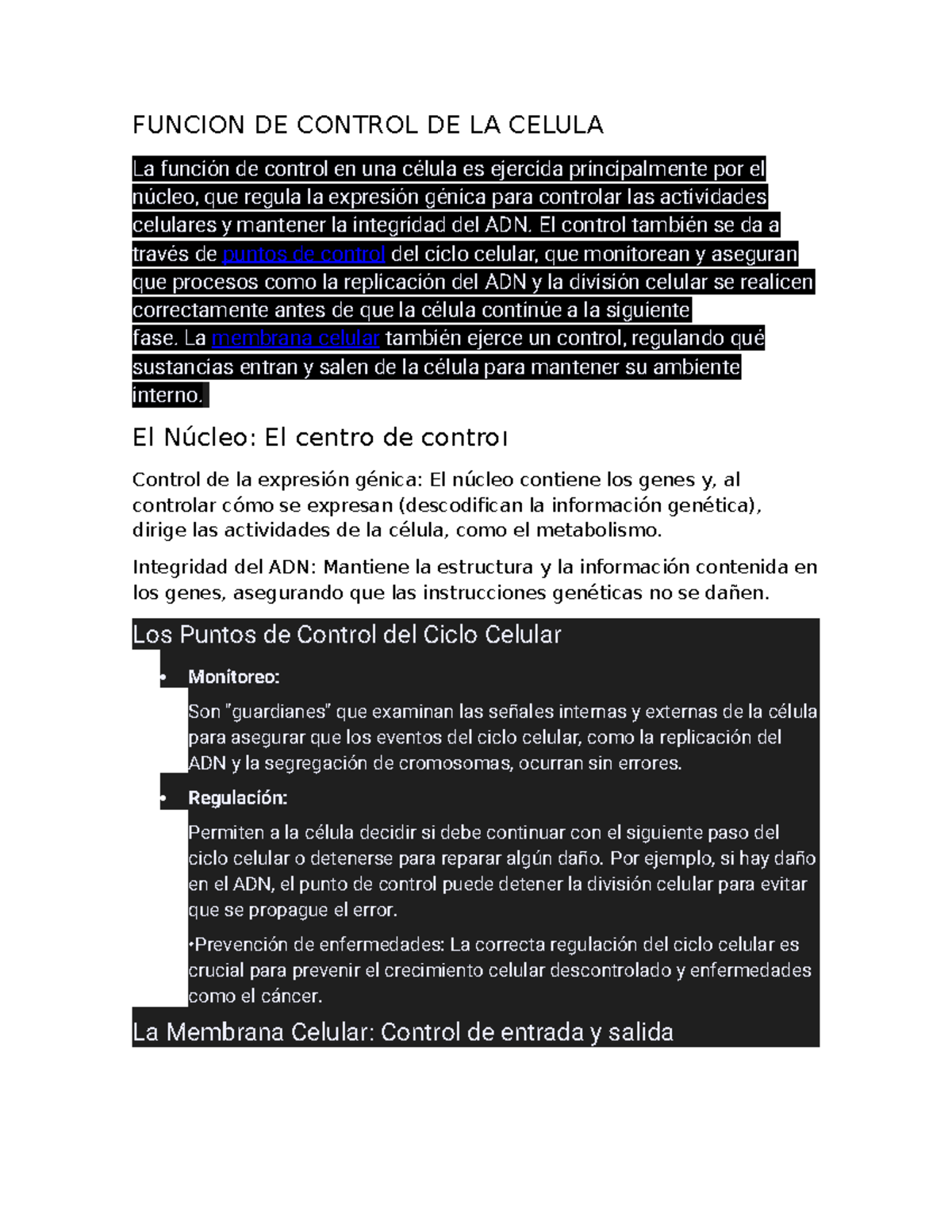 FUNCION DE CONTROL DE LA CELULA: NÚCLEO Y CICLO CELULAR - Studocu